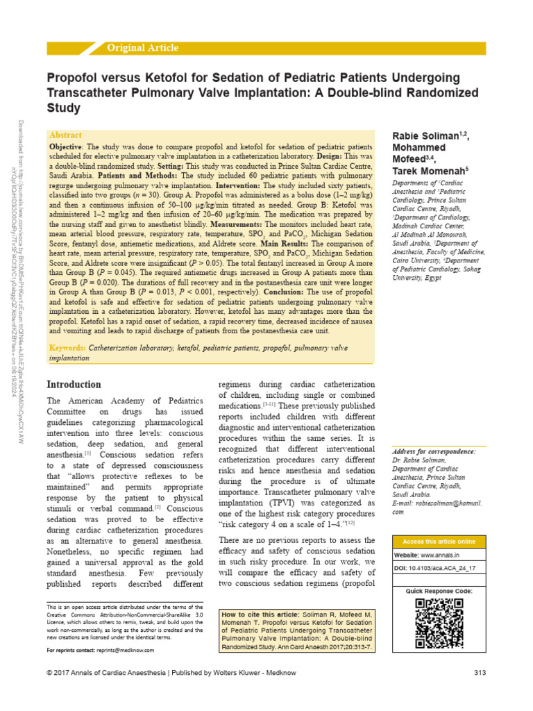 Propofol Versus Ketofol For Sedation of Pediatric.6 | PDF | Cardiology ...