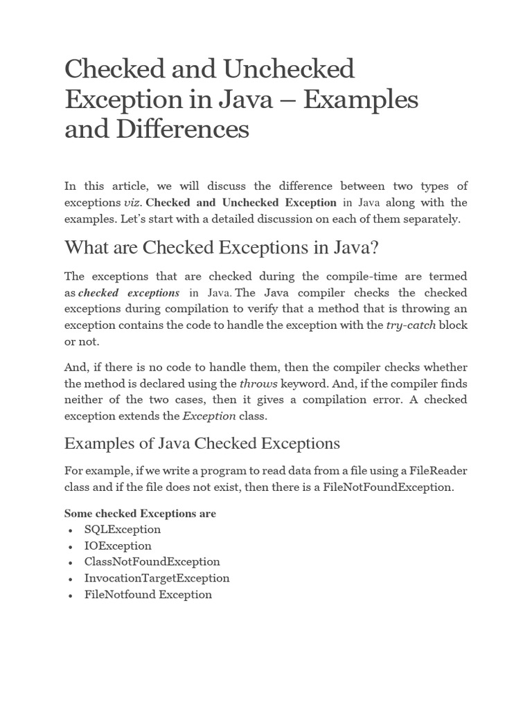 Checked and Unchecked Exception in Java | PDF | Java (Programming ... Checked and Unchecked Exception in Java | PDF | Java (Programming ...