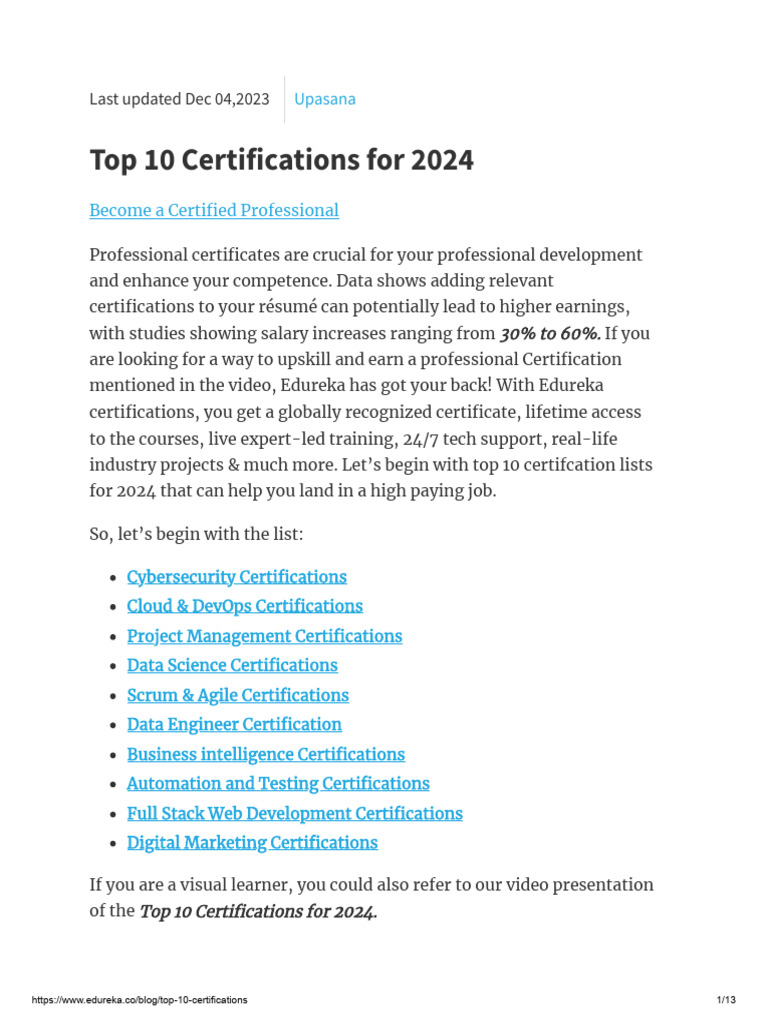 Top 10 Certifications For 2024 - Highest Paying IT Certifications - Edureka | PDF | Computer ...