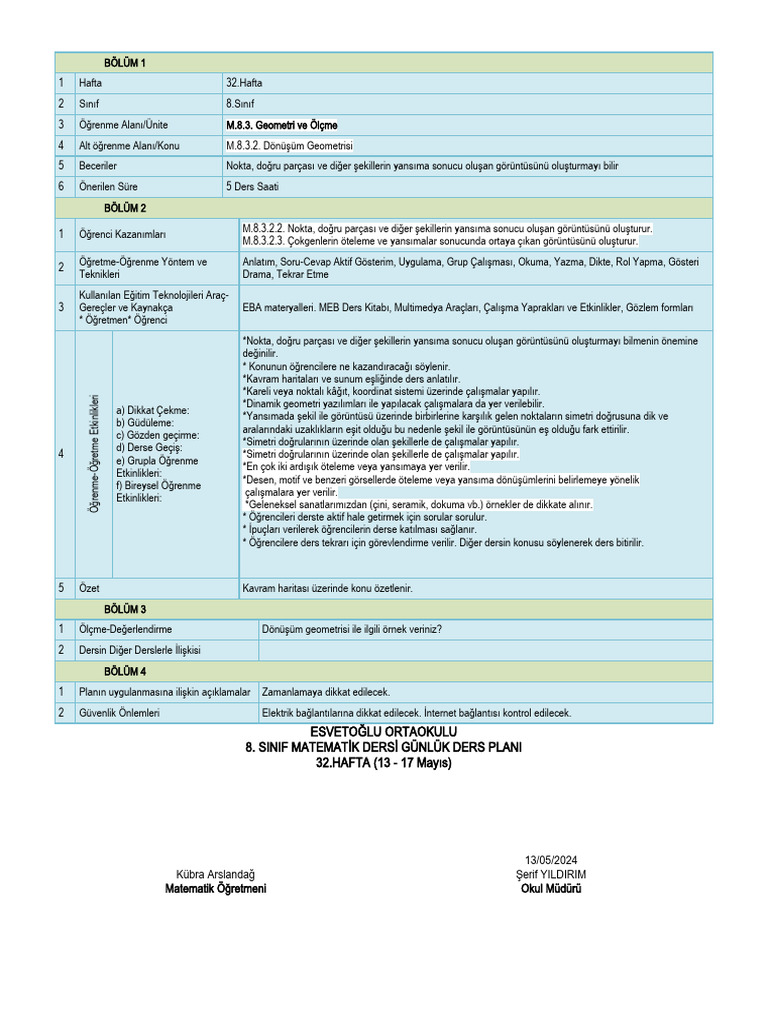 Gunluk Plan 50 Matematik Meb Yeni Plan 36 15849 | PDF