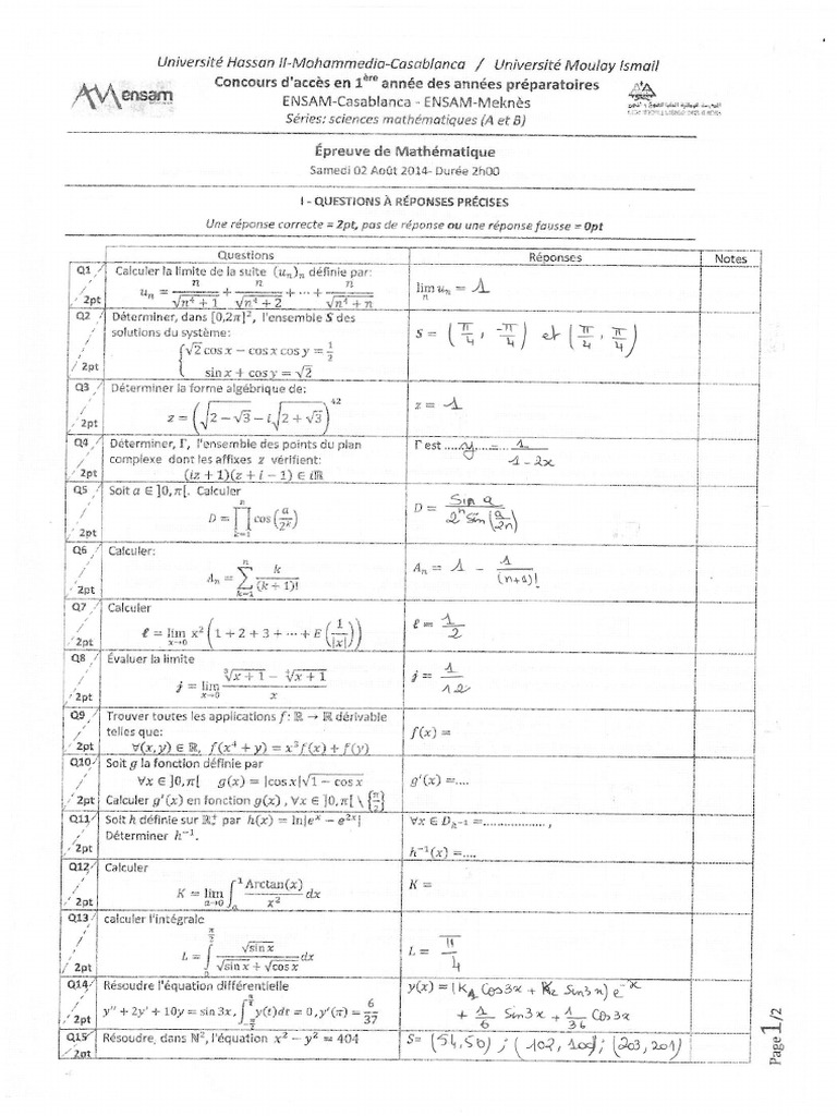 Concours D Entree Ensam 2014 Sciences Maths Maths Corrige | PDF