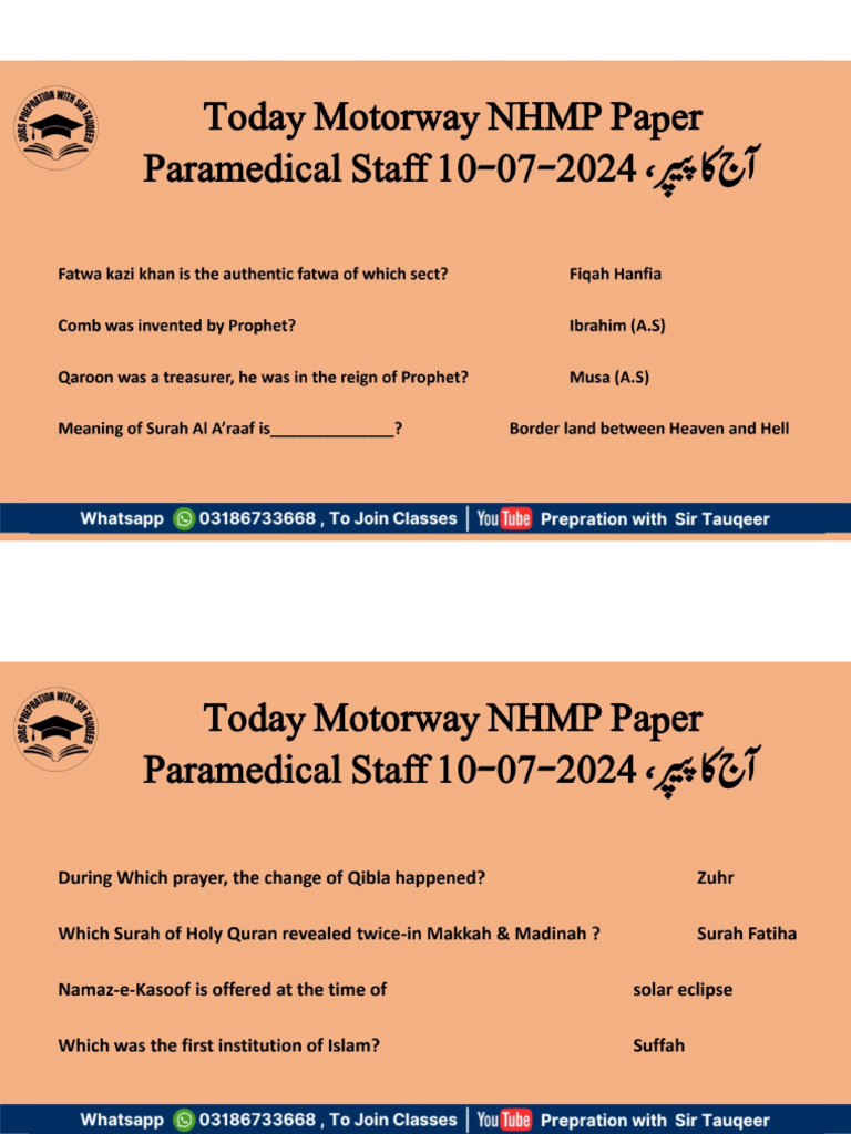 Today Motorway NHMP Paramedical Staff Paper Solved | PDF