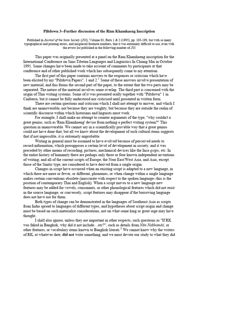 Piltdown 3 Further Discussion of The Ram Khamhaeng Inscription, Journal ...