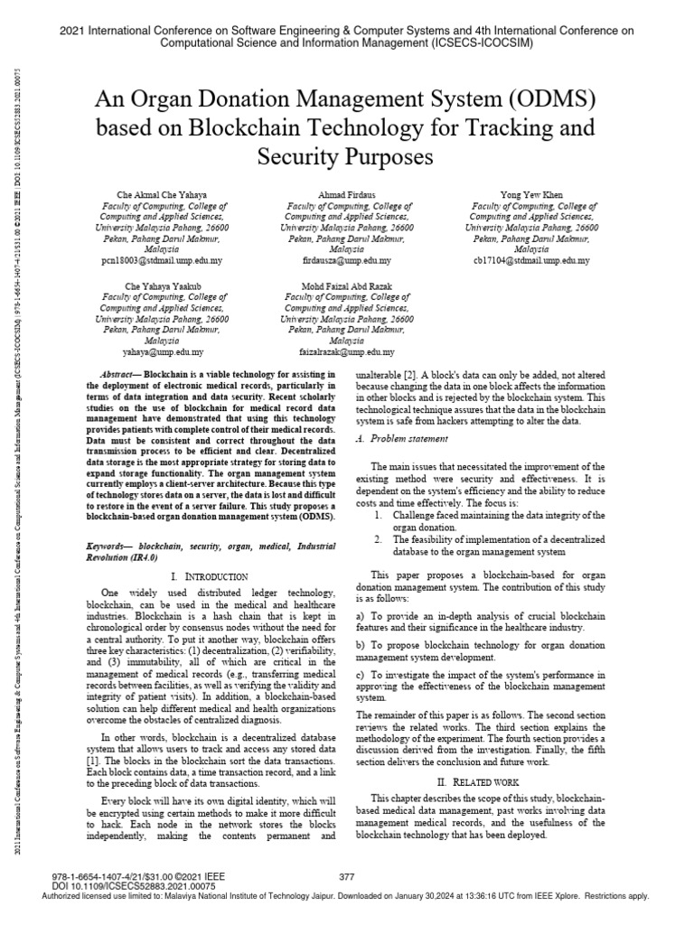 An Organ Donation Management System Odms Based On Blockchain Technology For Tracking And
