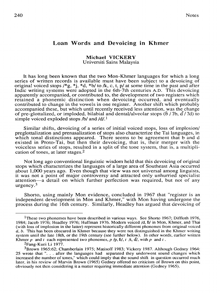 Loan Words and Devoicing in Khmer, Mon-Khmer Studies XVIII-XIX (1989-1990), pp. 240-250. | PDF