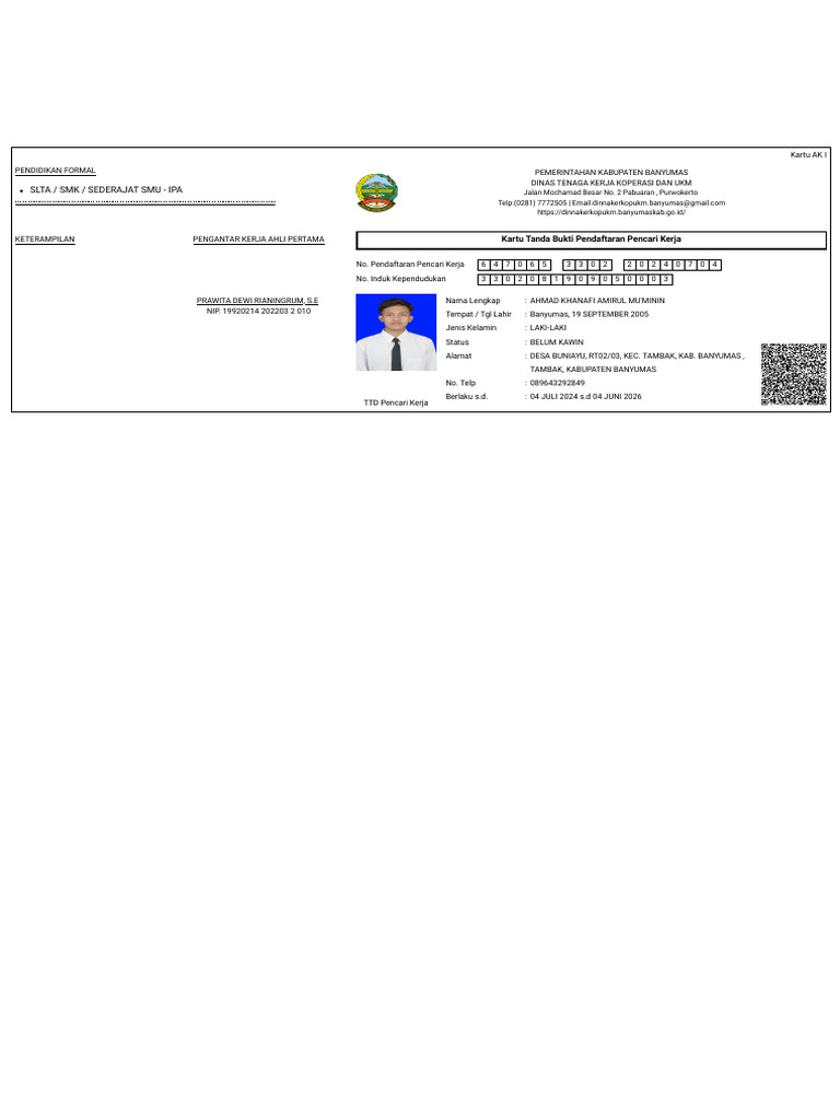 Kartu Tanda Bukti Pendaftaran Pencari Kerja | PDF