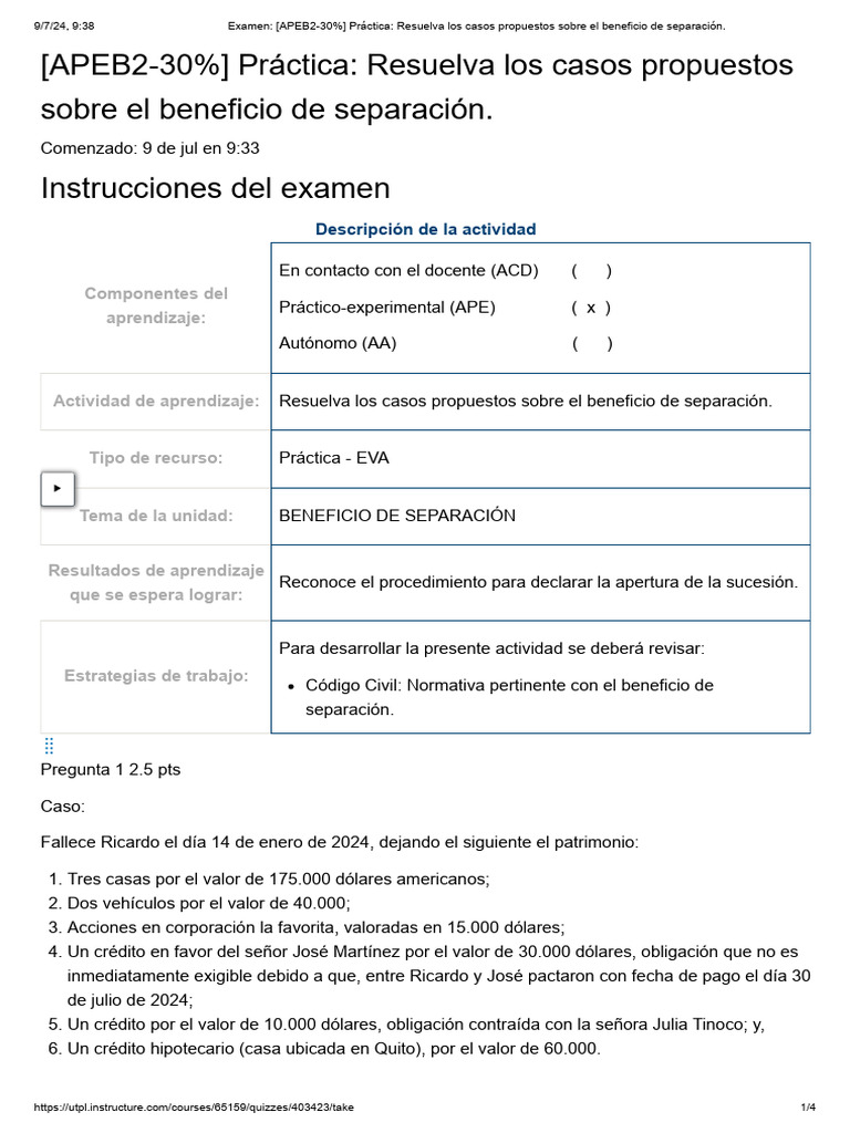 Examen - (APEB2-30%) Práctica - Resuelva Los Casos Propuestos Sobre El Beneficio de Separación ...