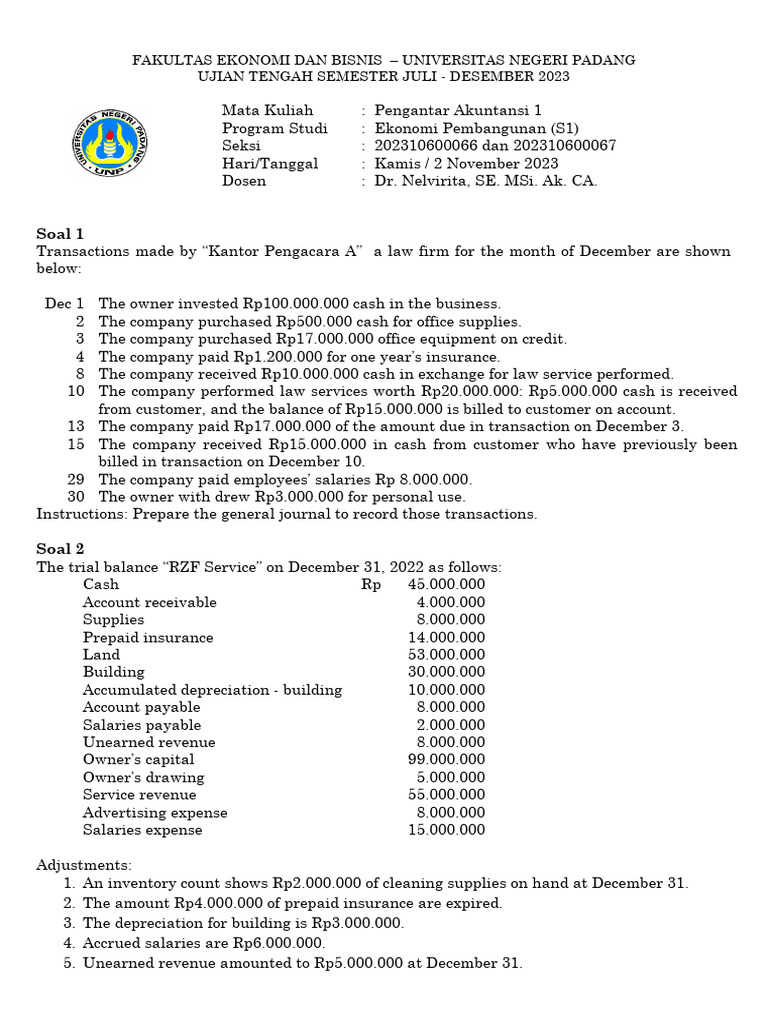 Soal UTS | PDF | Expense | Financial Accounting