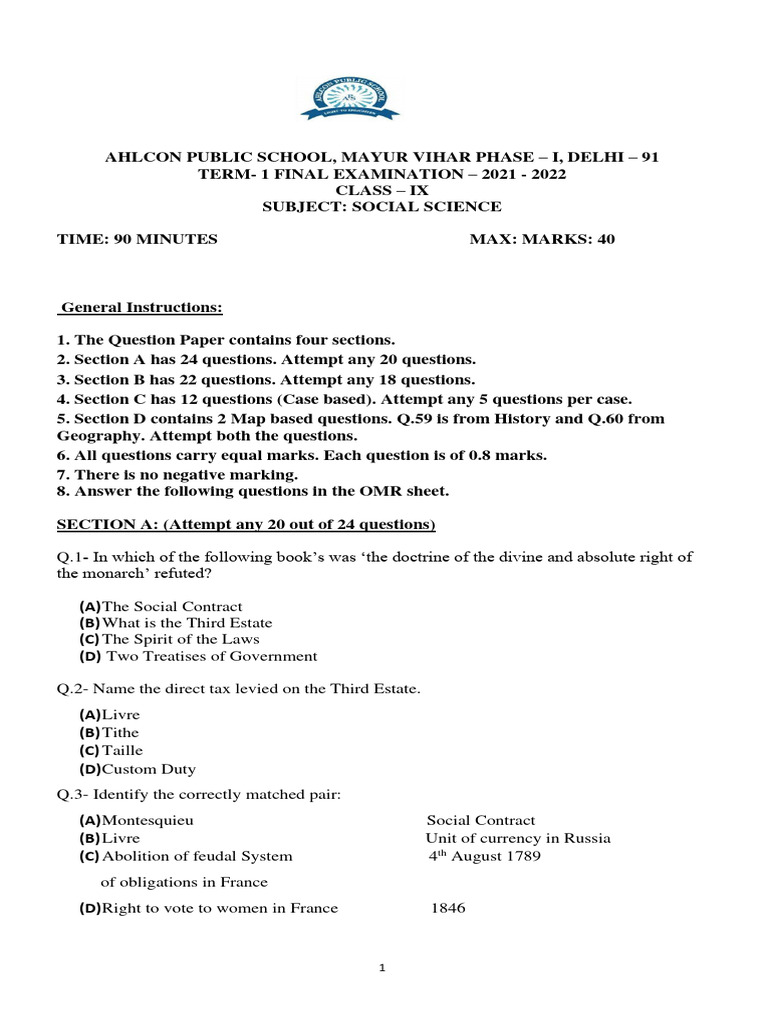 Class Ix - Term 1 Social Science 2021-22 Compiled Paper Final New | PDF ...