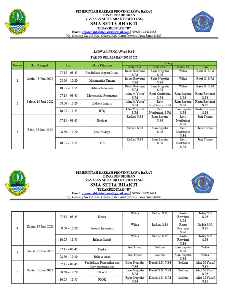 Jadwal Pengawas | PDF