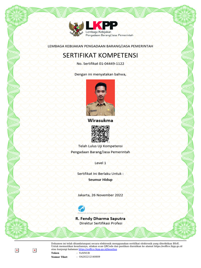 Wirasukma - Sertifikat Kompetensi PBJ Lvl 1 | PDF