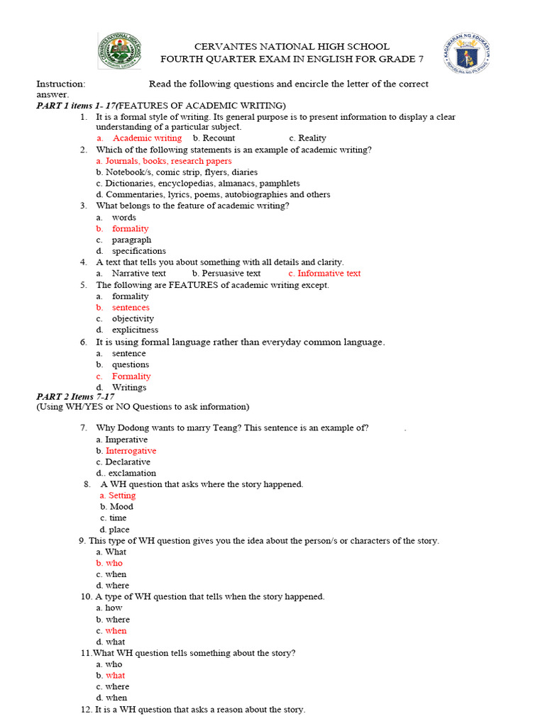 English 7 4th Periodical Exam 2024 | PDF | Question | Sentence (Linguistics)