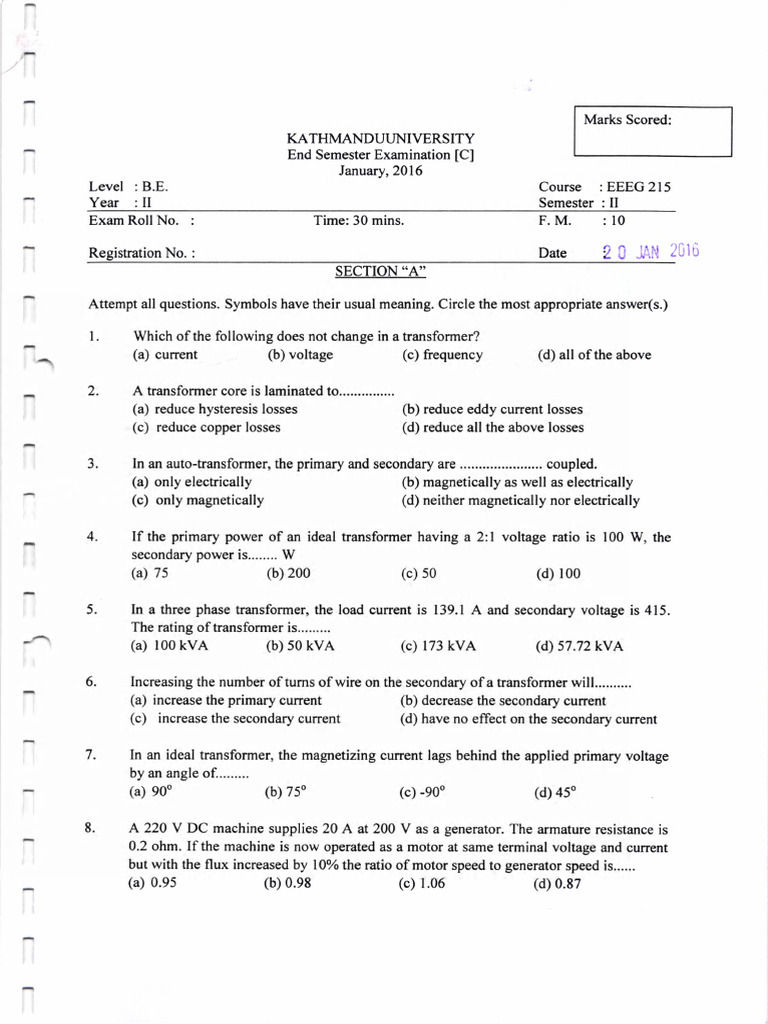 Past Question | PDF | Electric Motor | Transformer