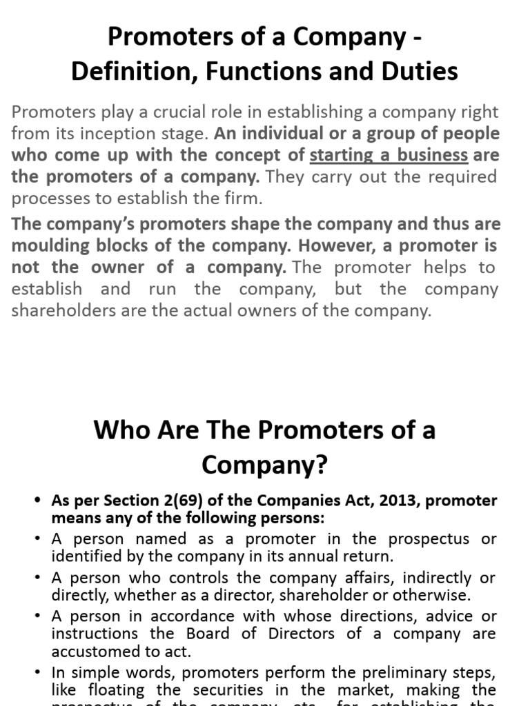 Promoters of A Company - Definition - Functions | PDF | Banks | Companies