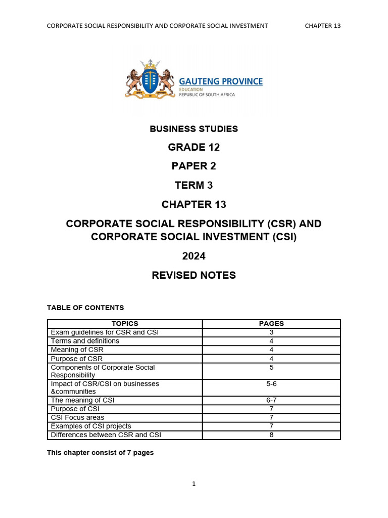2024 Revised Chapter 13 Business Studies Grade 12 Notes On CSR and Csi ...