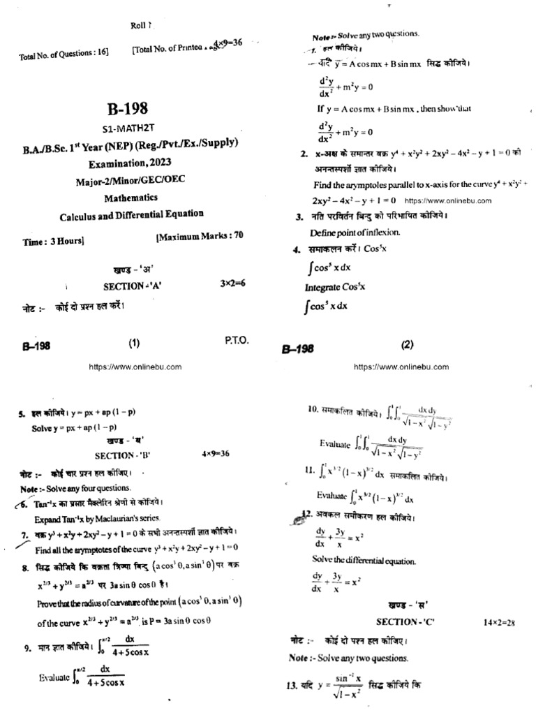 Ba BSC 1 Year Mathematics Calculus and Differential Equation B 198 2023 ...