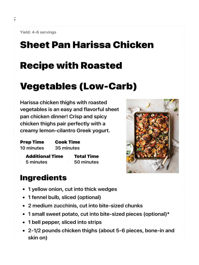 Sheet Pan Harissa Chicken Recipe With Roasted Vegetables (Low-Carb) - Stem and Spoon | PDF | Fat ...