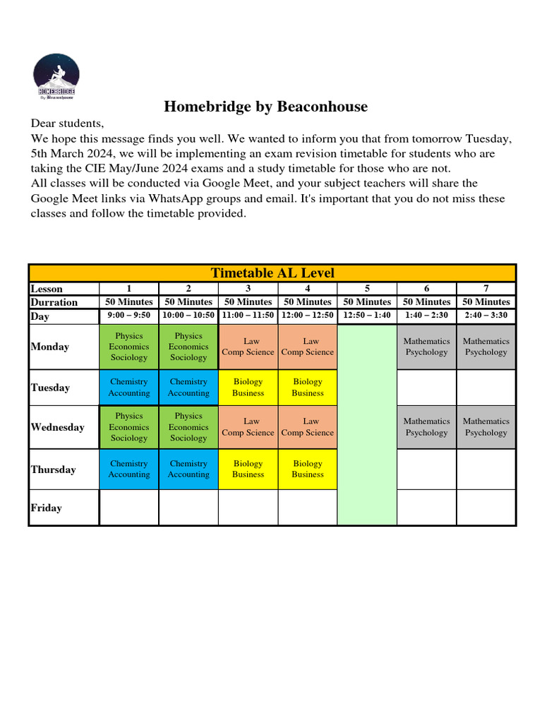 Timetable March 2024 | Download Free PDF | Science