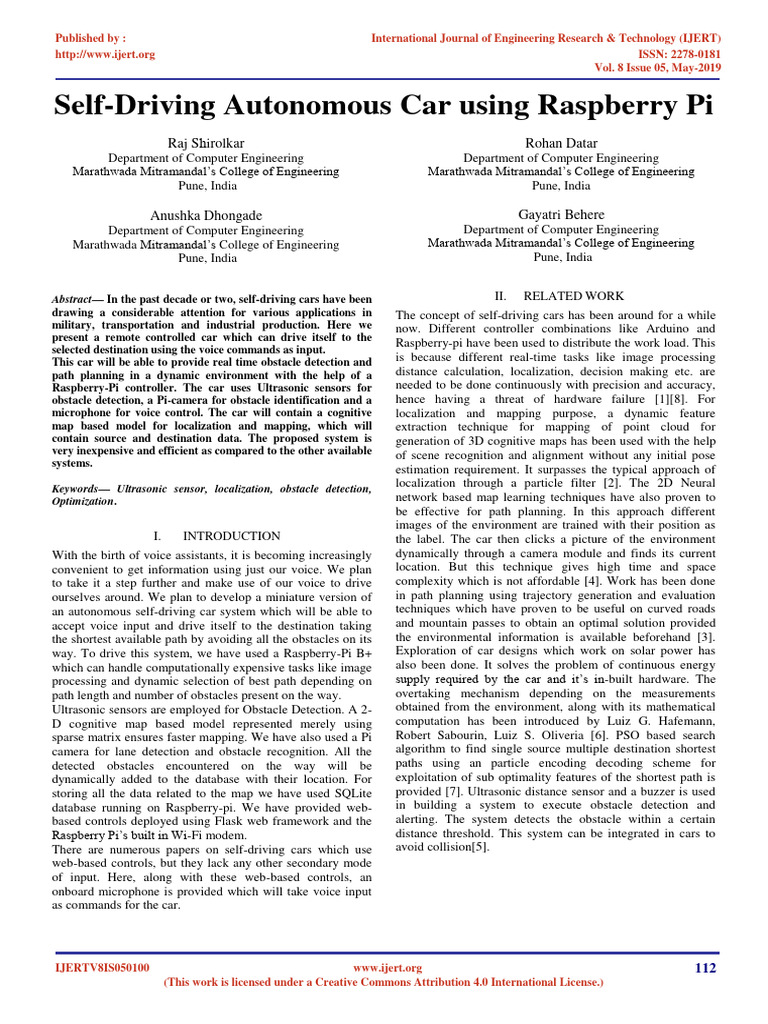 IJERT Self Driving Autonomous Car Using | PDF | Speech Recognition | Computing