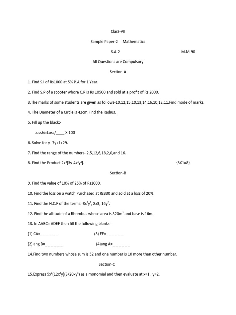 Class 7 Mathematics Sample Paper 2 | PDF | Area | Triangle