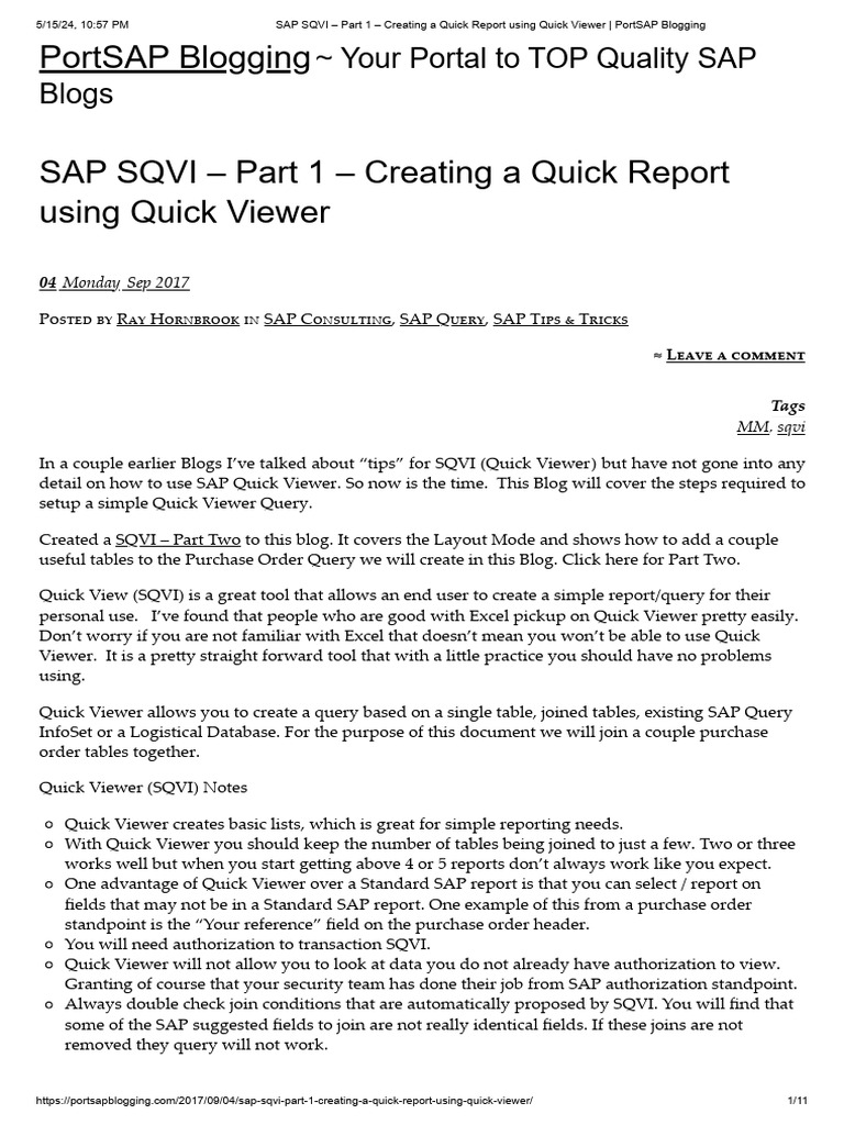 SAP SQVI - Part 1 - Creating A Quick Report Using Quick Viewer - PortSAP Blogging | PDF ...