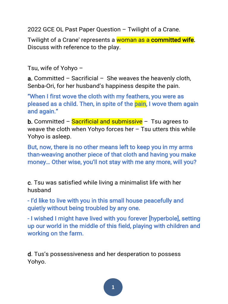 2022 GCE OL Past Paper question for Twilight of a Crane | PDF