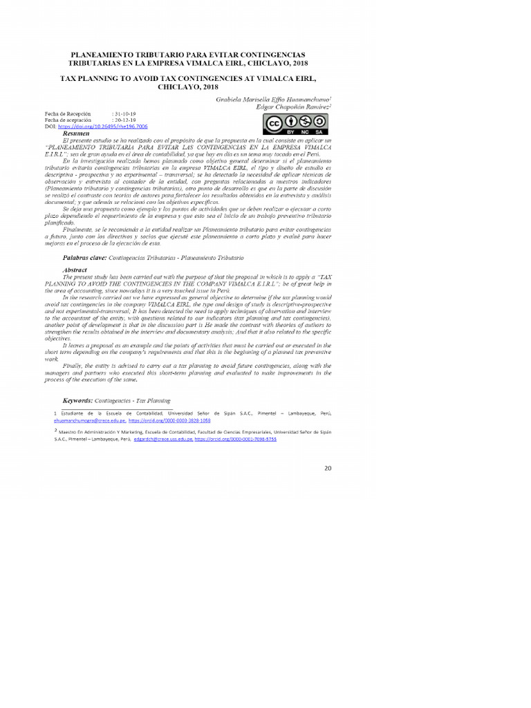 Planeamiento Tributario para Evitar Contingencias Tributarias en La Empresa Vimalca EIRL ...