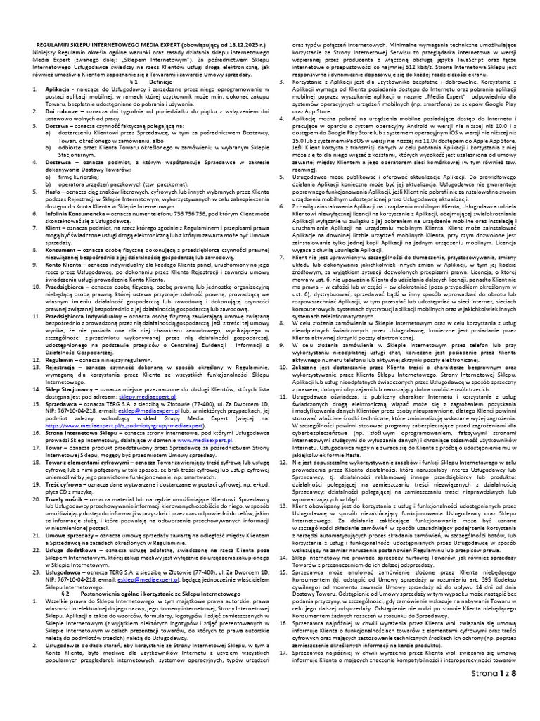 Informacje Dodatkowe I Regulamin MediaExpert - PL Obowizujcy Od 18.12.2023 Ver2 | PDF