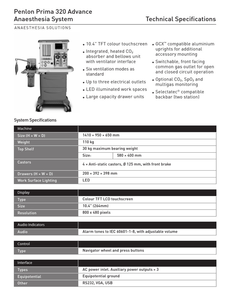 Penlon Prima 320 Tech Spec | PDF | Manufactured Goods | Electronics