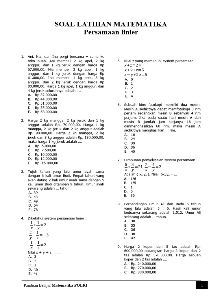 Soal Latihan Persamaan Linier Matematika | PDF | Metode & Bahan Ajar