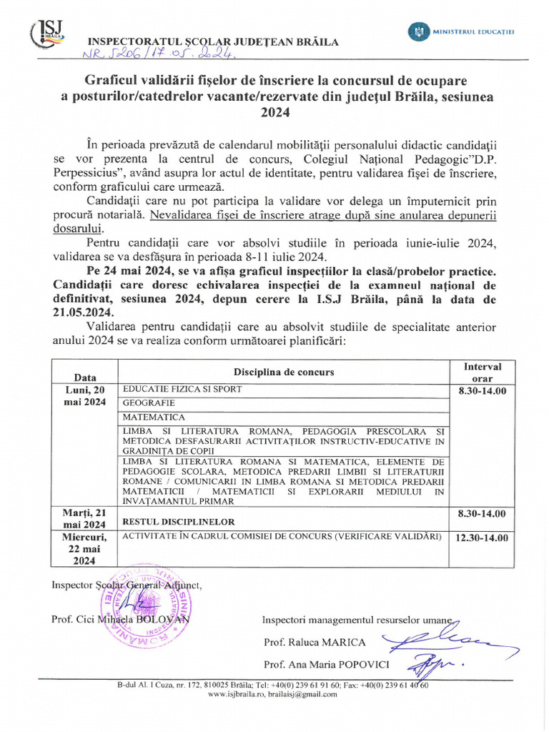 Grafic Validare Concurs Titularizare - 2024 | PDF