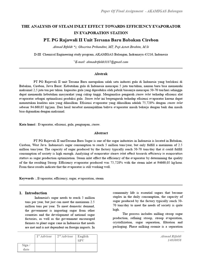 Analisa Pengaruh Steam Inlet Terhadap Efisiensi Evaporator | PDF ...
