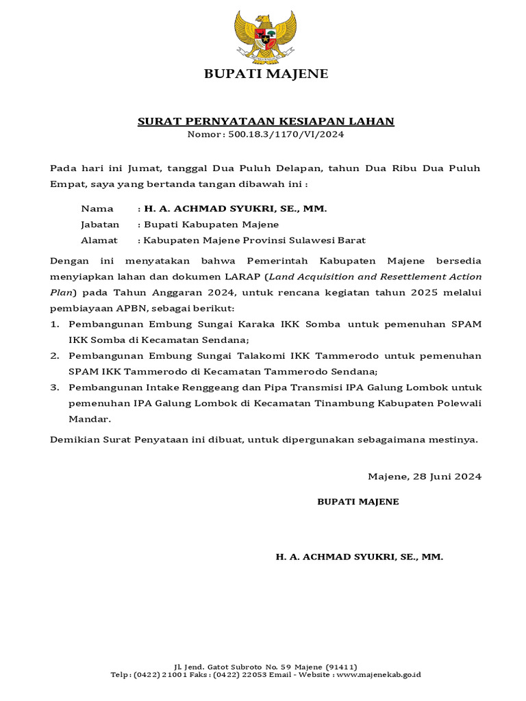 Surat Pernyataan Kesiapan Lahan | PDF
