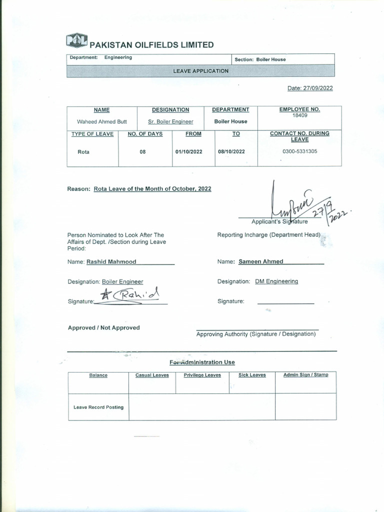 Rota Leave (Month of Oct-2022) of Mr. Waheed Ahmed Butt | PDF
