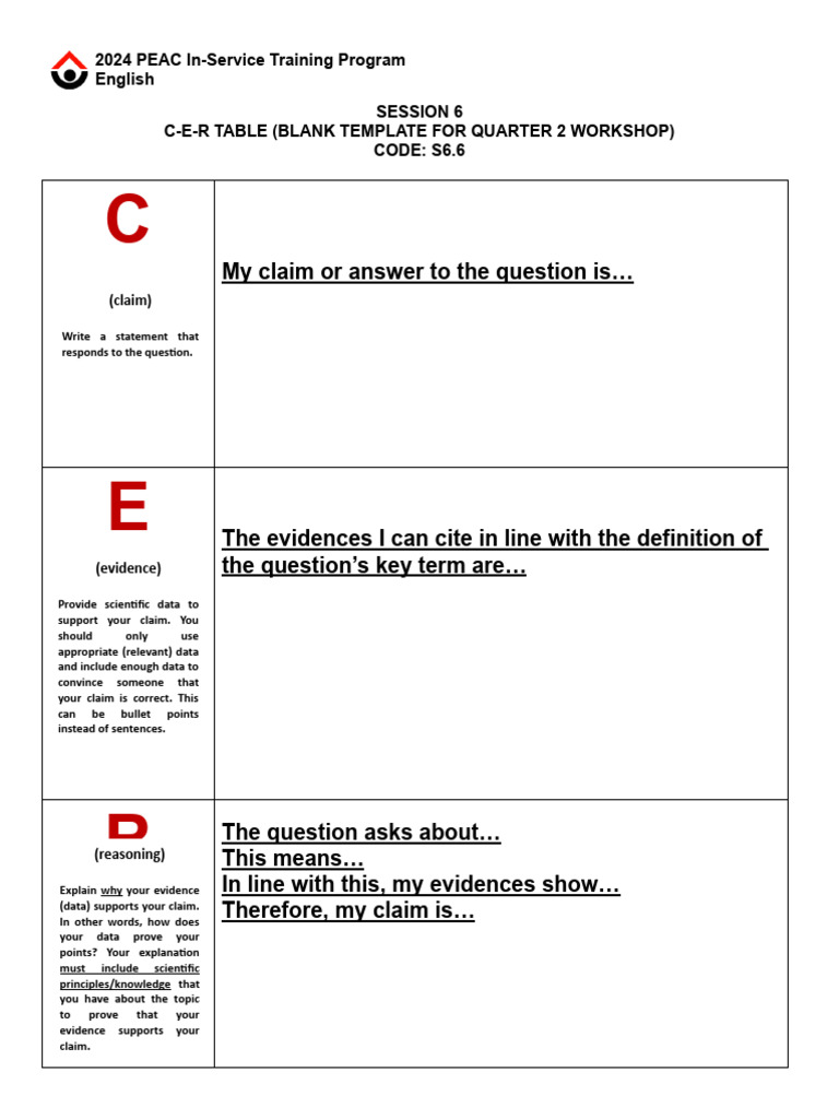 S6.6 C-E-R Table (Blank Template For Quarter 2 Workshop | PDF S6.6 C-E-R Table (Blank Template For Quarter 2 Workshop | PDF