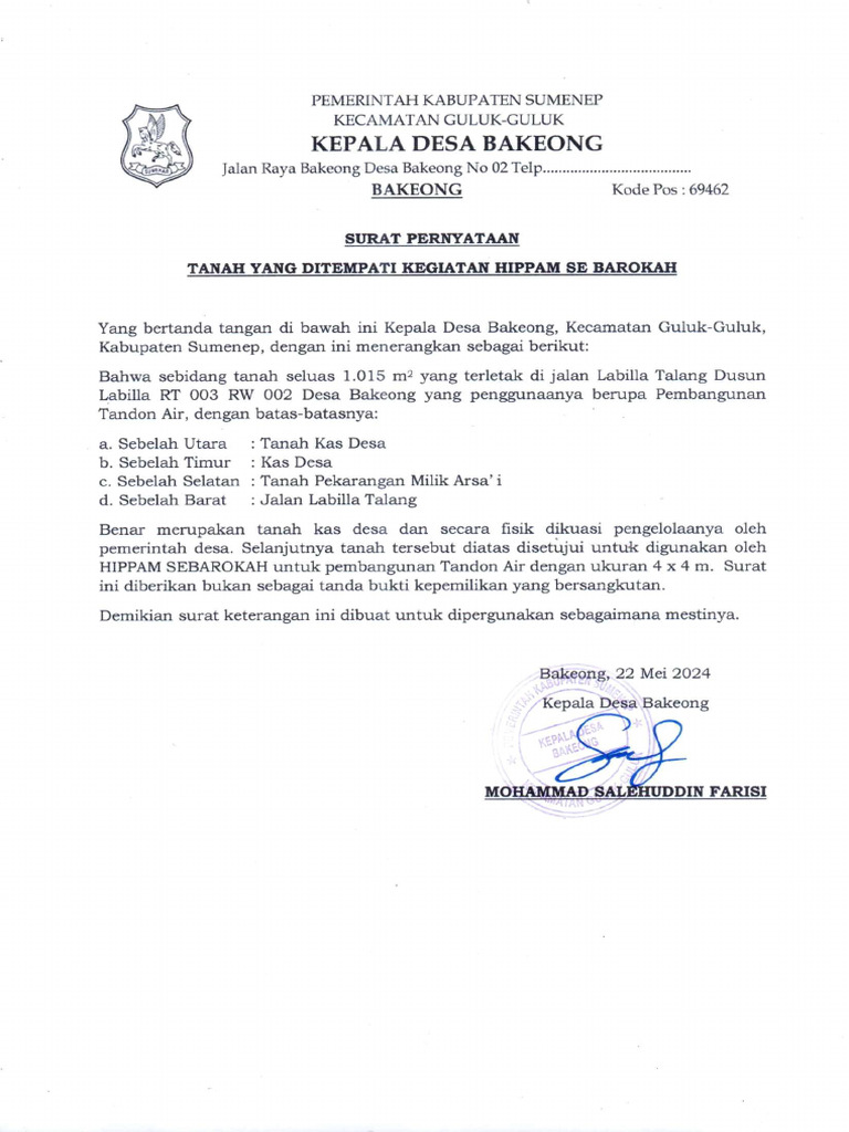 Surat Pernyataan Tanah HIPPAM Bakeong | PDF