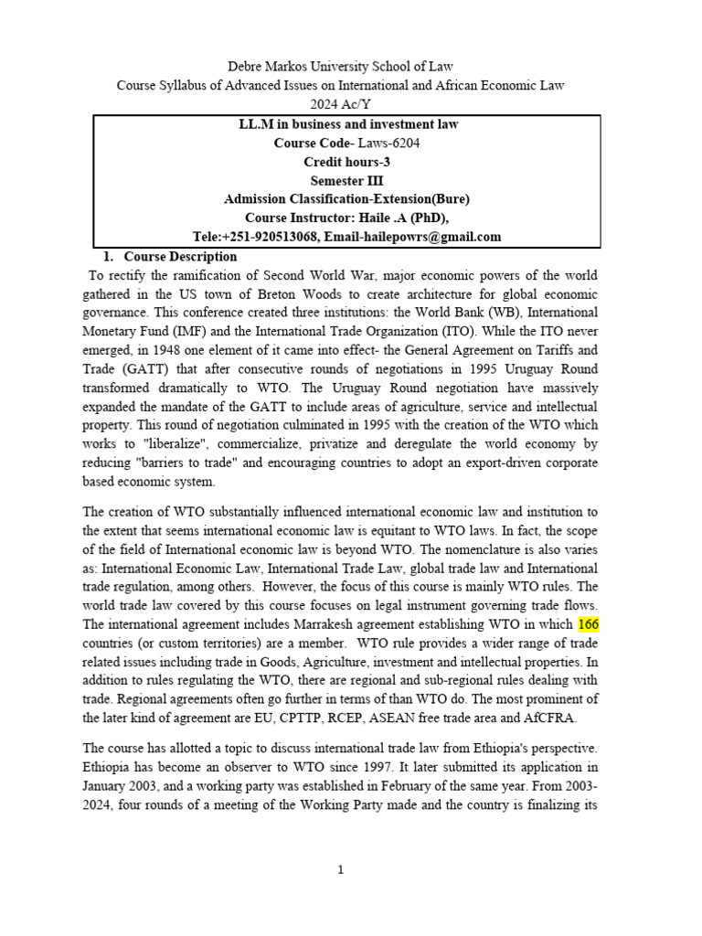 DMU School of Law Syllabus International and African Trade Law | PDF ...