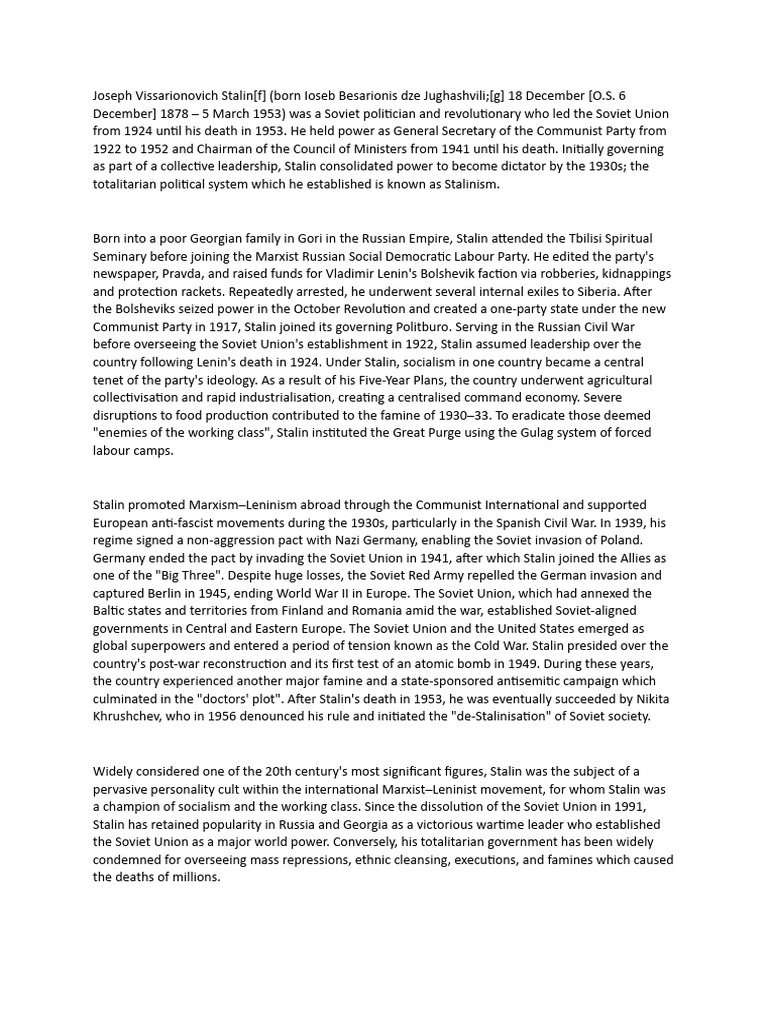 Joseph Vissarionovich Stalin | PDF | Joseph Stalin | Vladimir Lenin