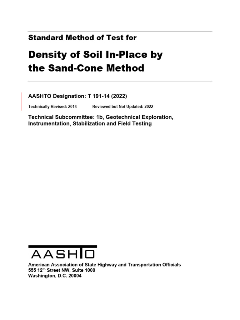 AASHTO T 191: Sand Cone Density Test | PDF | Density | Soil