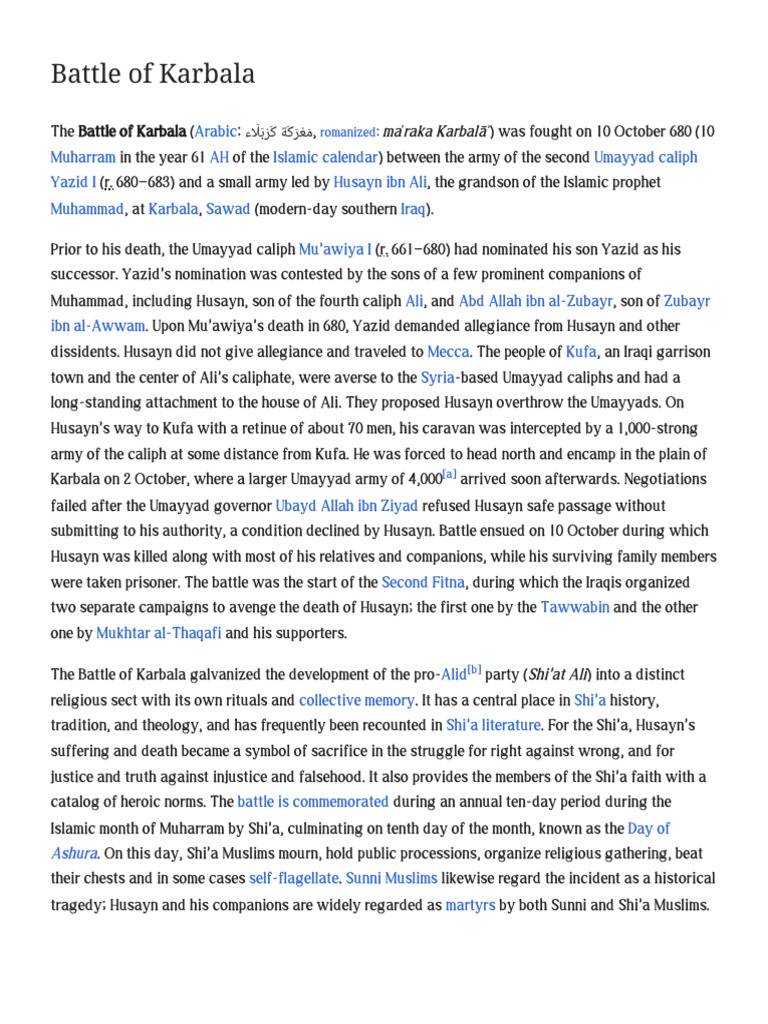 Battle of Karbala - Wikipedia | PDF | Husayn Ibn Ali | Shia Islam