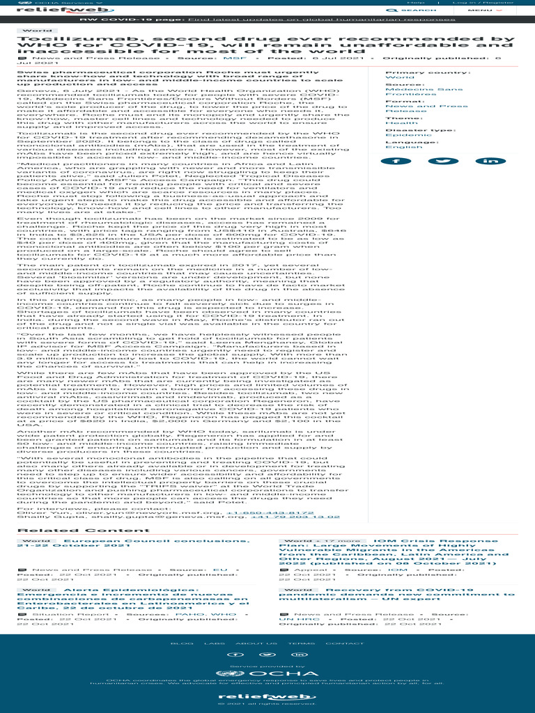 Tocilizumab, Second Drug Ever Recommended by WHO For COVID-19, Will ...