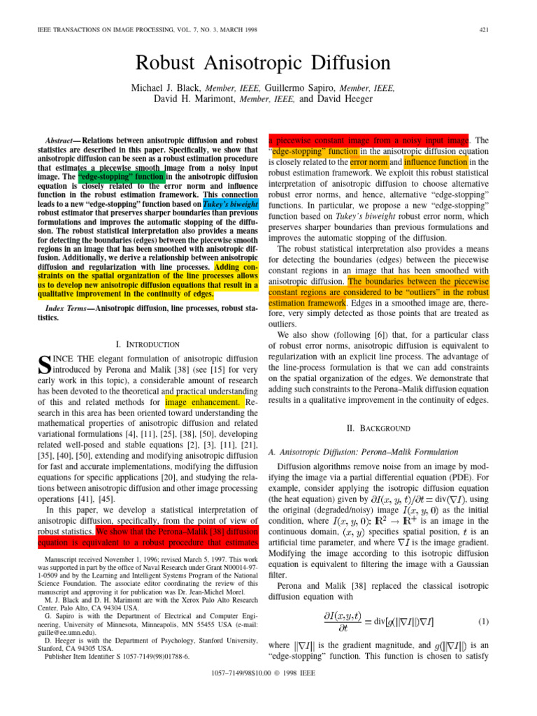 (Black, 1998) Robust Anisotropic Diffusion | PDF | Robust Statistics | Median