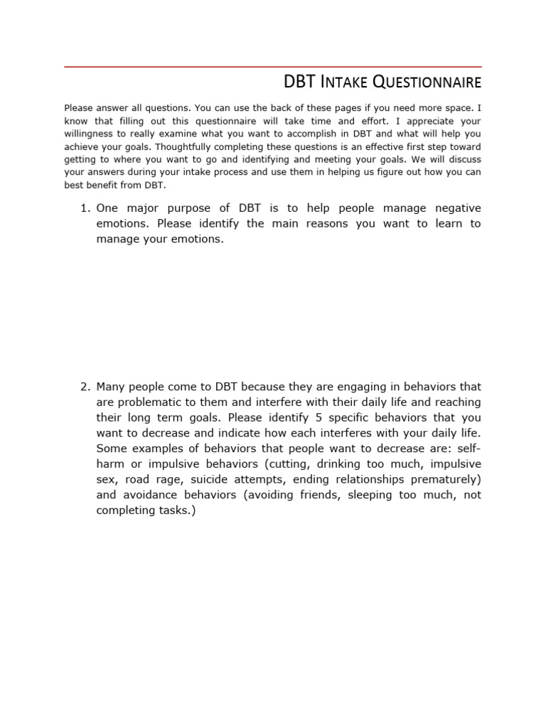 DBT Intake Questionnaire | PDF | Dialectical Behavior Therapy | Emotions