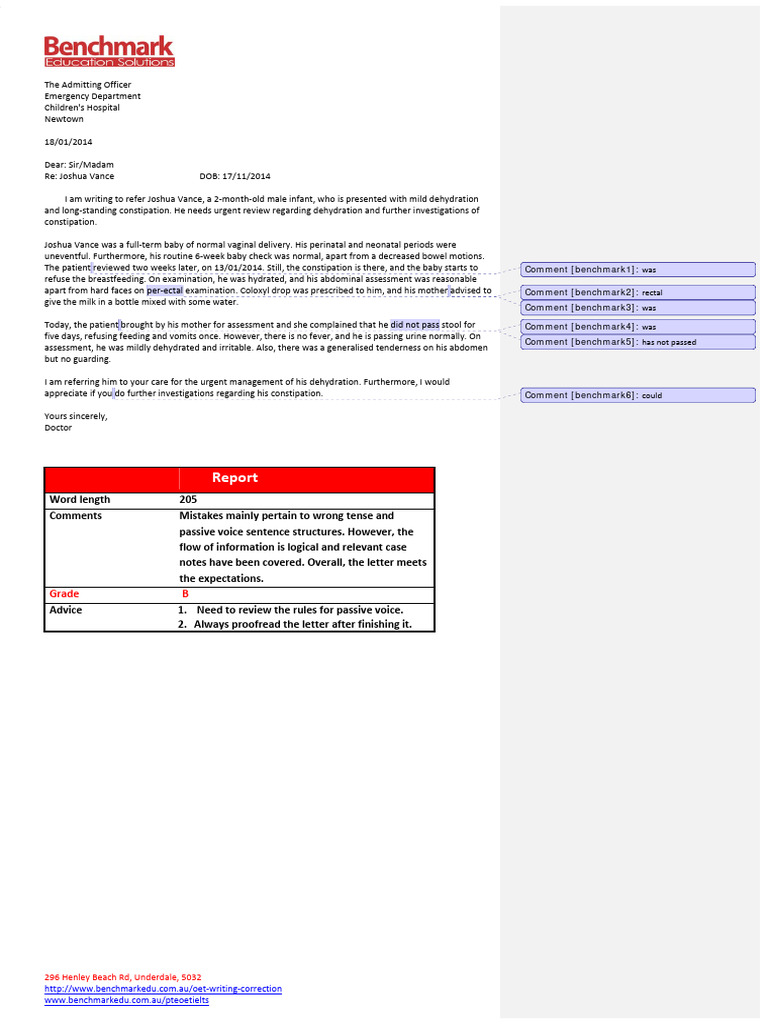 Benchmark Writing OET | PDF | Constipation | Infants