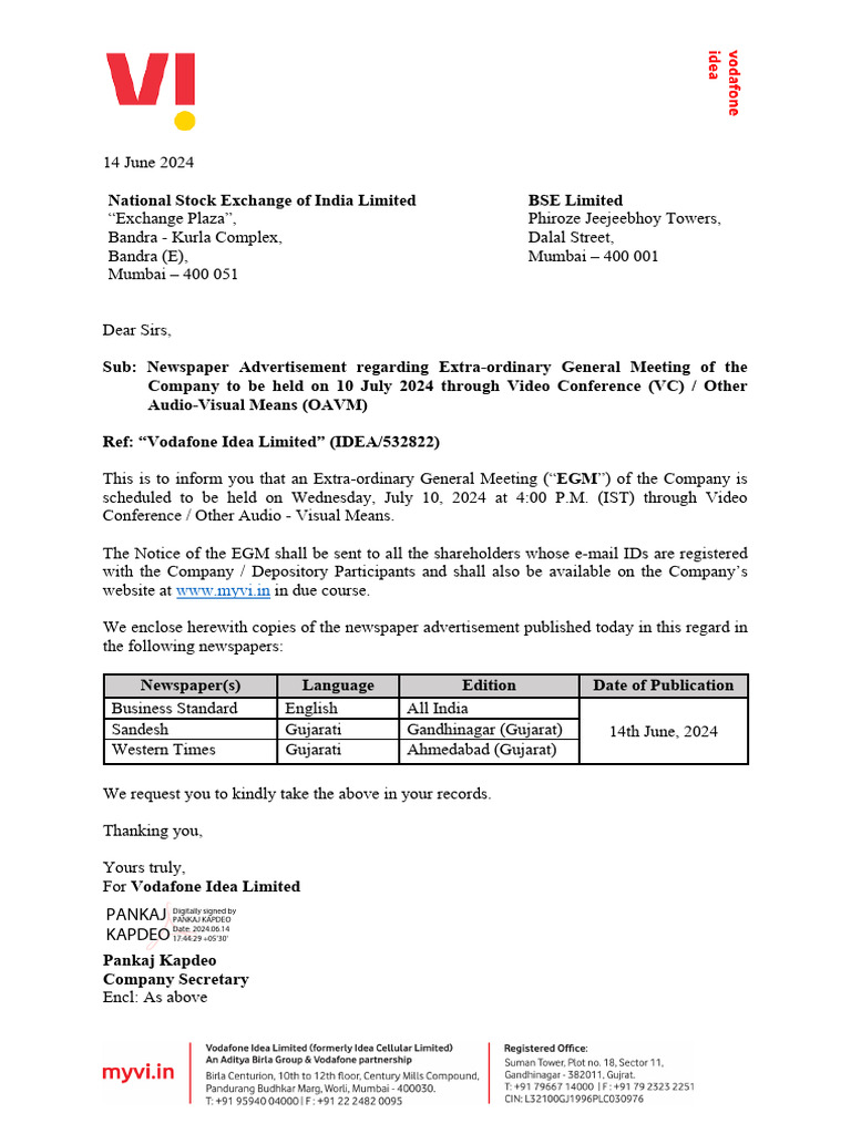 Se Intimation NP Publication Pre 14062024 Signed | PDF