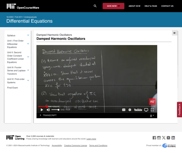 Damped Harmonic Oscillators Differential Equations Mathematics MIT OpenCourseWare | PDF