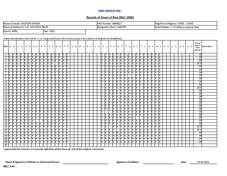 Seafarer Rest Hours Log | PDF | Shipping | Water Transport