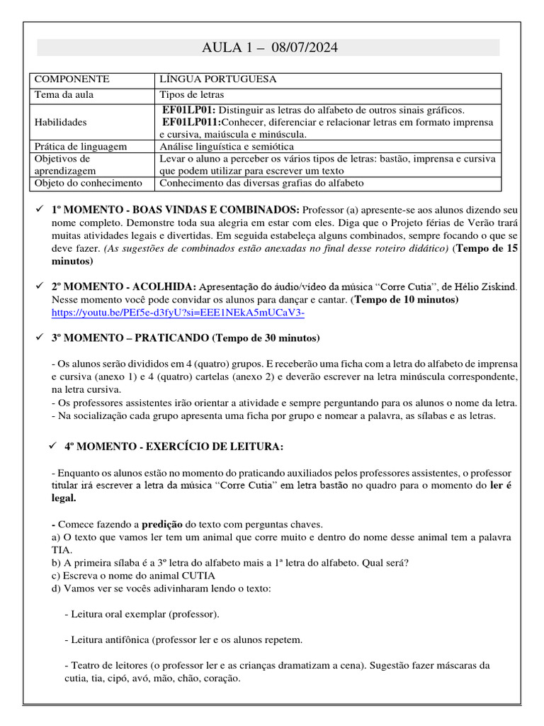 Roteiro Didático - Aula 1 - 2-11 | PDF | Caixa alta e caixa baixa | Linguística