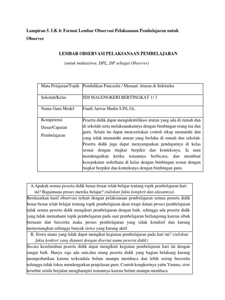 01.05.6-B3-6 Unggah LK 4 - Lembar Observasi Pembelajaran Pada Pembelajaran Ke-2-Asriana | PDF ...