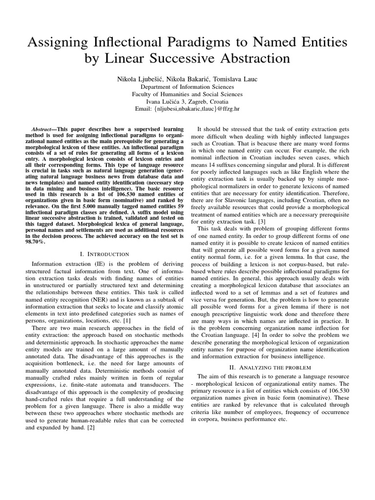 Assigning Inflectional Paradigms To Named Entities by Linear Successive Abstraction-Mipro 2008 ...